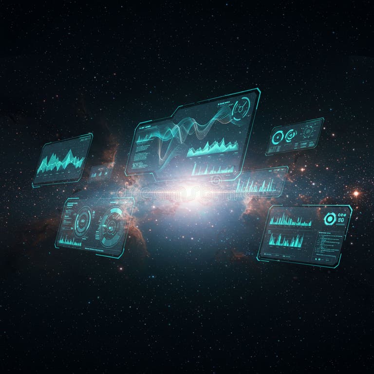 Digital Panels with Holographic Graphs and Data Displays Float in a ...