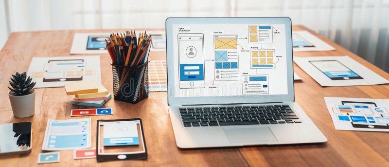 Digital Wireframe Design for Web or Mobile App UI on Laptop. Scrutinize ...