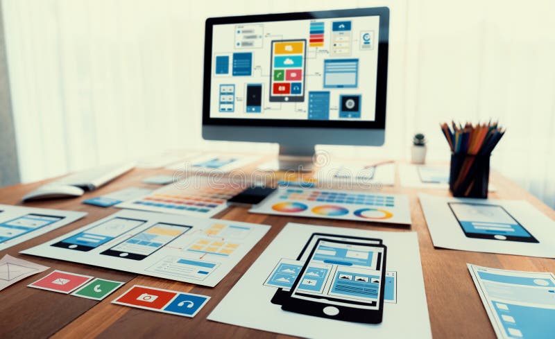 Digital Wireframe Design for Web or Mobile App UI on Laptop. Scrutinize ...