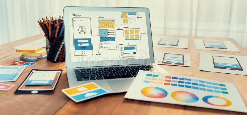 Digital Wireframe Design for Web or Mobile App UI on Laptop. Scrutinize ...