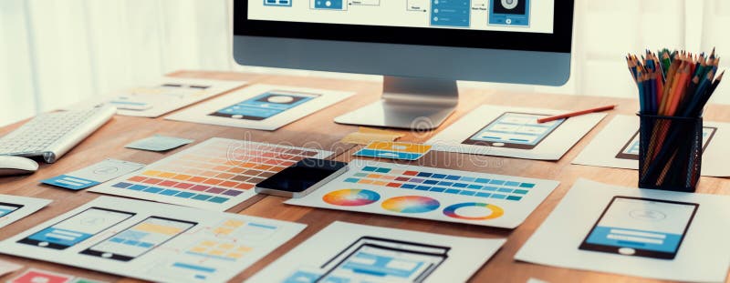 Digital Wireframe Design for Web or Mobile App UI on Laptop. Scrutinize ...