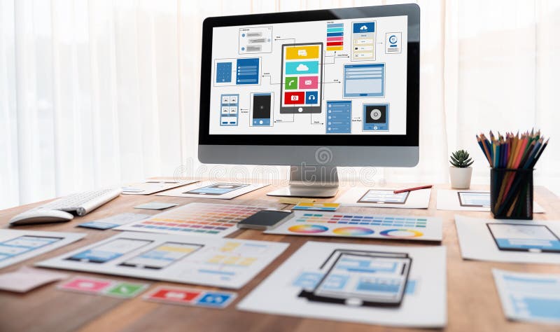 Digital Wireframe Design for Web or Mobile App UI on Laptop. Scrutinize ...