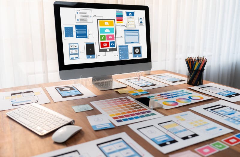 Digital Wireframe Design for Web or Mobile App UI on Laptop. Scrutinize ...