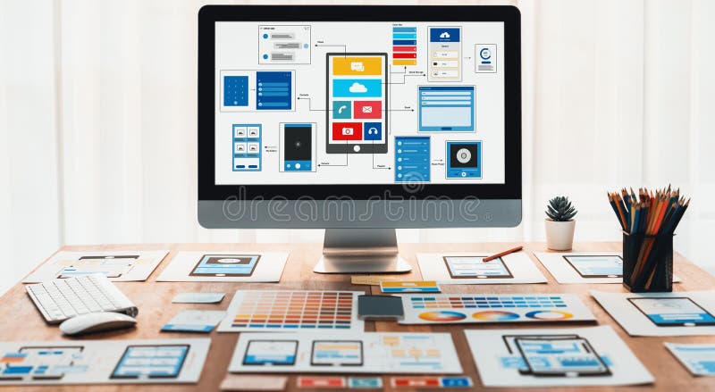 Digital Wireframe Design for Web or Mobile App UI on Laptop. Scrutinize ...