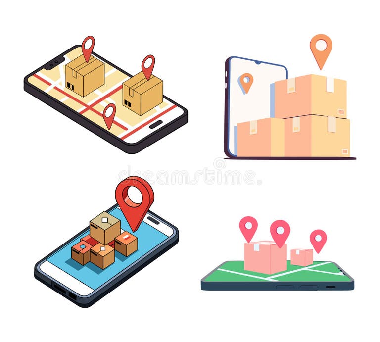 Digital Parcel Tracking Concept in 3D Vector – Phone Map with Boxes and ...