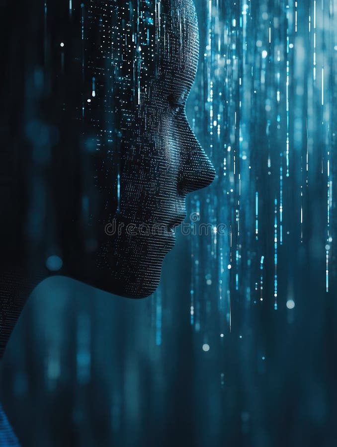 Futuristic Digital Particles Forming Human Silhouette in Dark Blue and ...