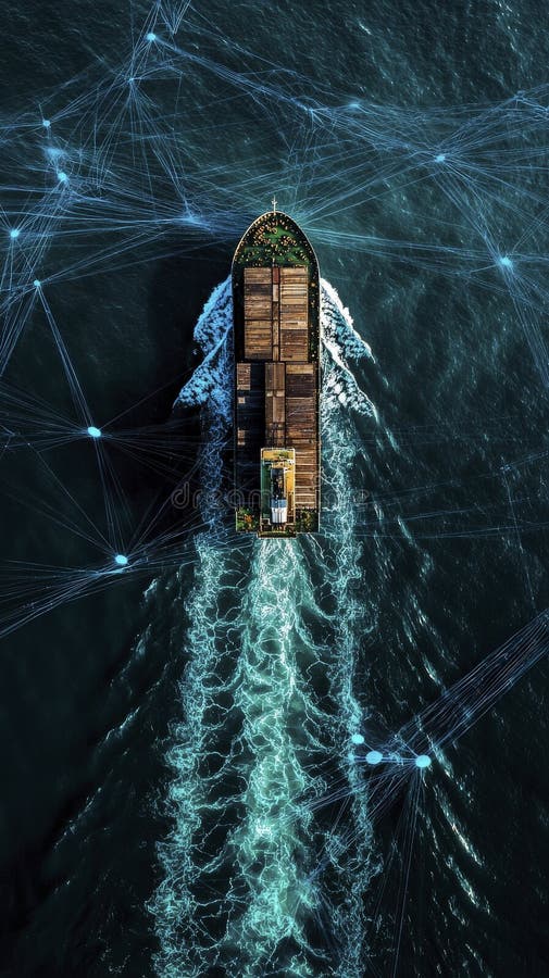 Digital Paths Around a Ship on the Blue Ocean Stock Illustration ...