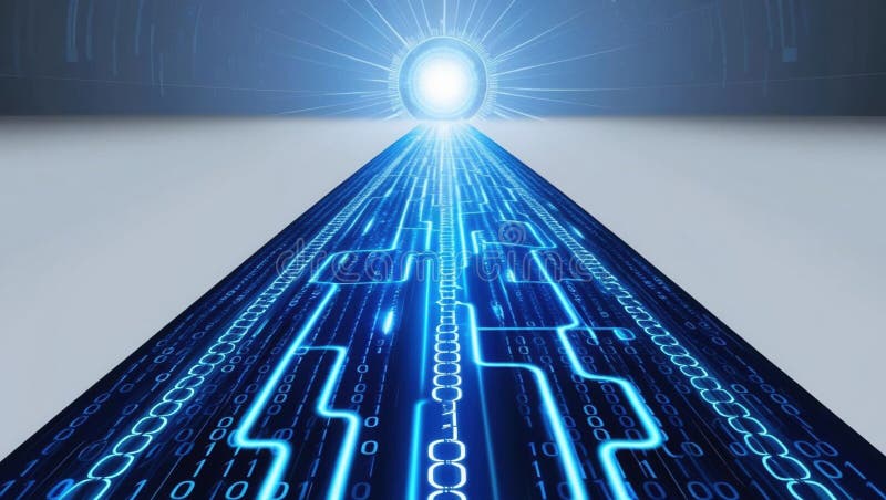 Digital Pathway Glowing with Blue Lights and Flowing Binary Code Leads ...