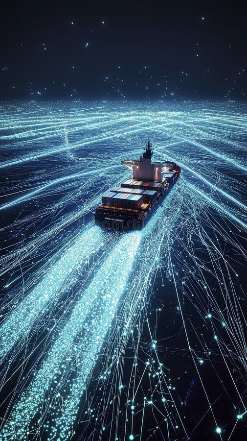 Digital Pathways Enveloping a Container Ship at Sea Stock Illustration ...