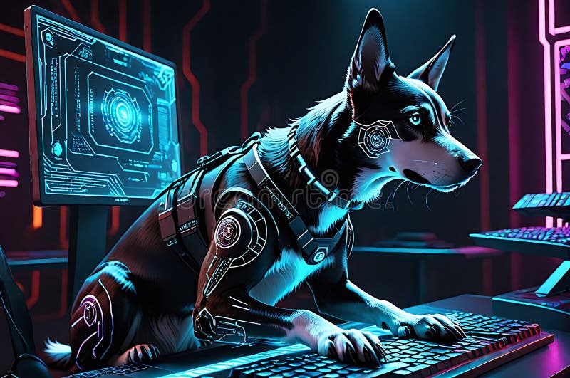 Digital Paws: Cybernetic Canine Engaged in Programming on a High-Tech ...