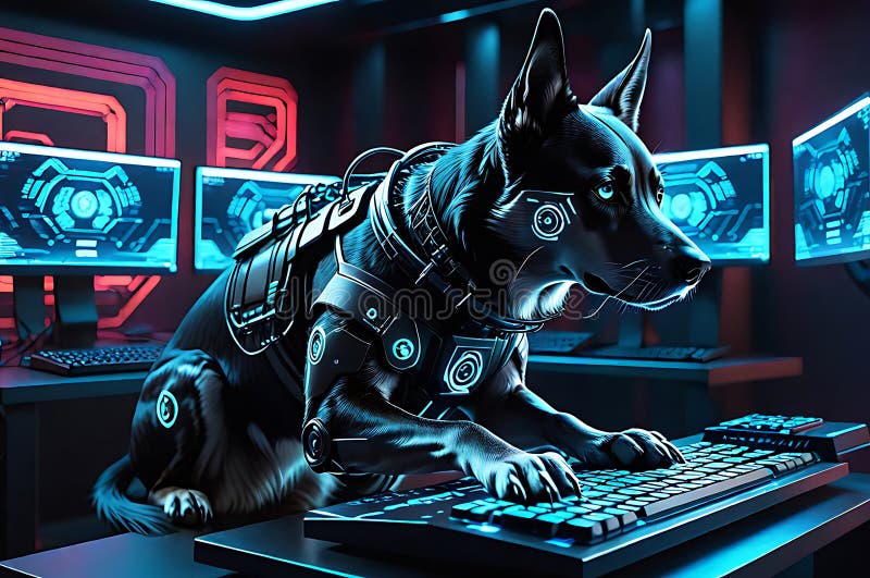 Digital Paws: Cybernetic Canine Engaged in Programming on a High-Tech ...