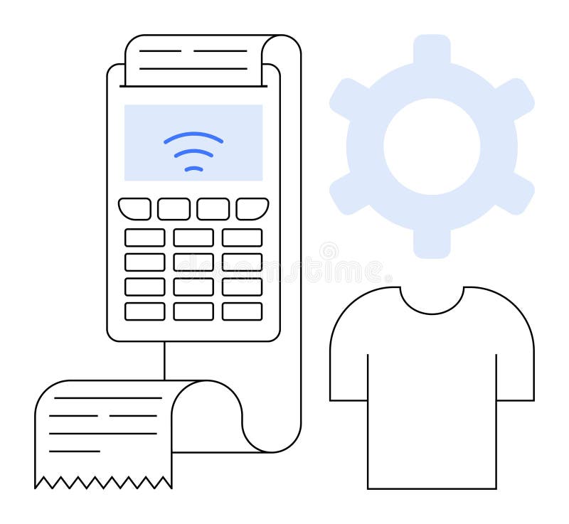 Digital Payment Terminal with Receipt, Gear, and Clothing Symbolizing ...