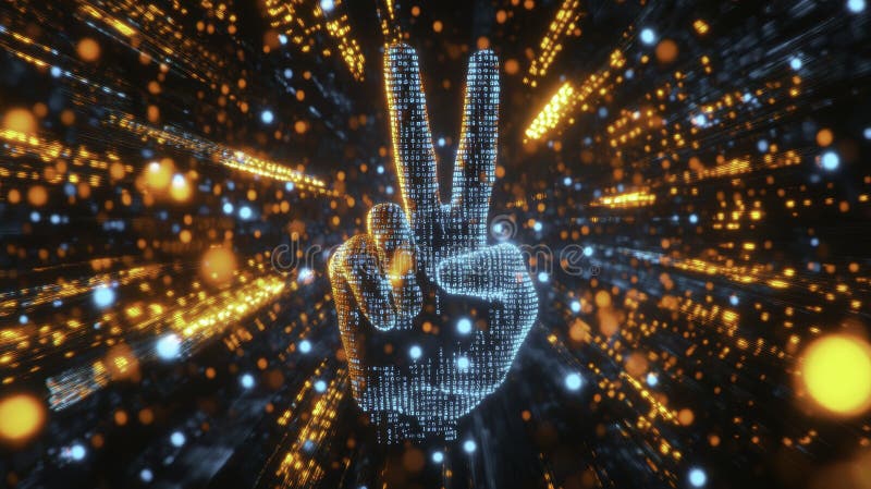 Hand Raised in a Peace Sign Illuminated by Orange Lights and Digital ...