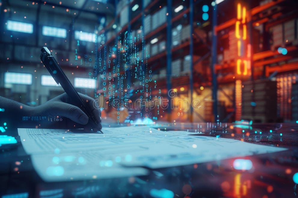 Digital Pen Writing in Warehouse with Glowing Data Visualizations and ...