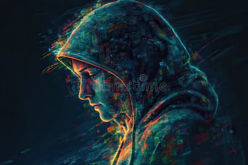 Digital Persona Hooded Figure in Cyberspace Abstract Art Stock ...