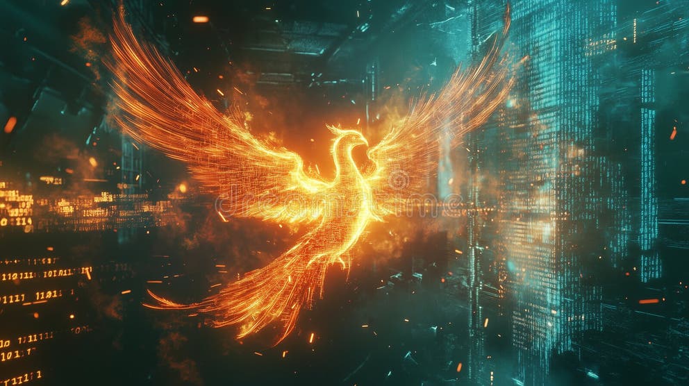 Digital Phoenix Rises Majestically from a Radiant Firewall Surrounded ...
