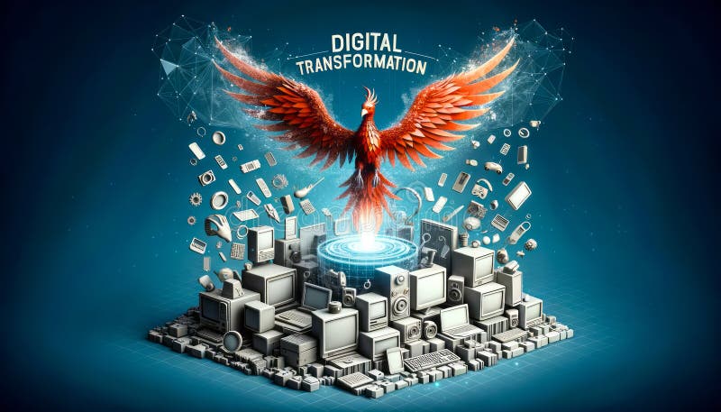 Digital Phoenix Rising from Old Tech Gadgets Stock Illustration ...