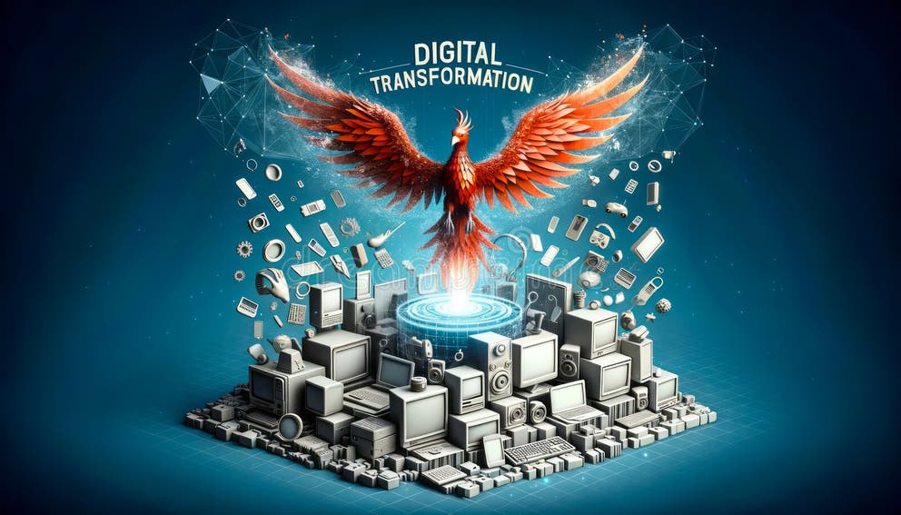 Digital Phoenix Rising from Old Tech Gadgets Stock Illustration ...