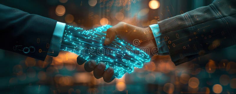 A Digital and Physical Handshake in a Neon-lit Setting, Symbolizing the ...