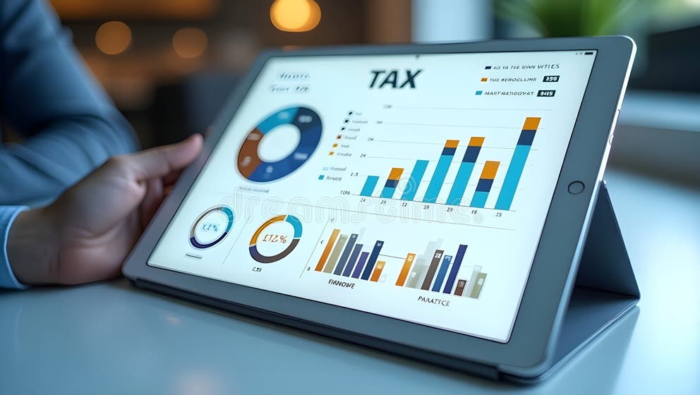 Digital Pie Chart and Bar Graph on a Tablet Screen with Tax-related ...