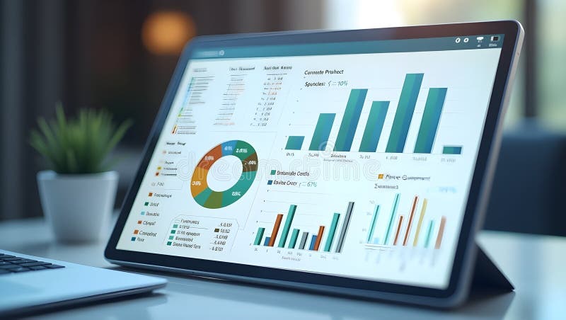 Digital Pie Chart and Bar Graph on a Tablet Screen with Tax-related ...