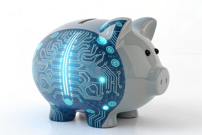 Digital Piggy Bank Concept with Circuit Patterns and Bright Lights ...