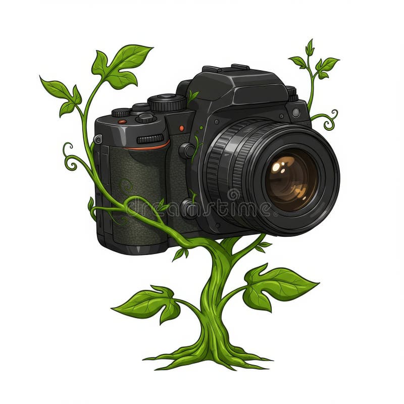 Digital Pixel Art of Camera with Green Plant Growth on a White ...