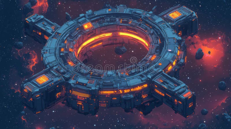 Digital Pixel Art of Space Orbit Station with Nebula Galaxy Background Stock Illustration ...