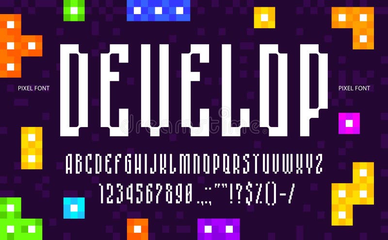 Digital Pixel Font, 8bit Geometric Alphabet Type Stock Illustration ...