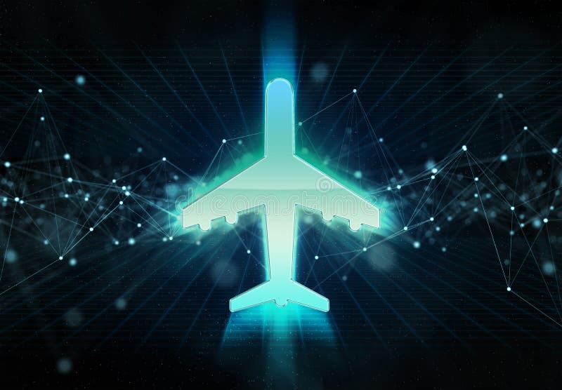 Digital Plane Holographic Icon Bursting into Blue and Green Neon Light ...