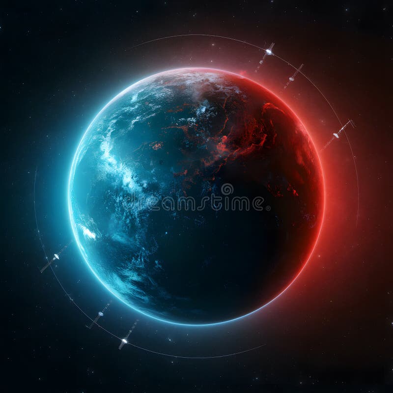 Digital Planet in Blue and Red Surrounded by Satellites, Evokes ...