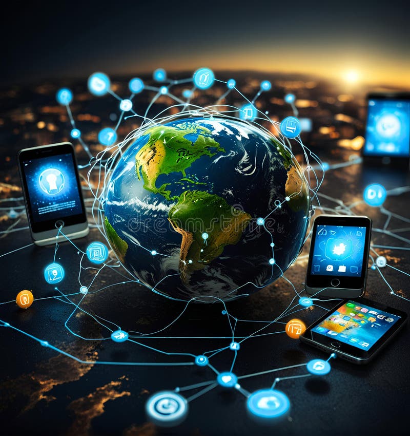 Digital Planet Earth Connected with Tech Devices and Icons Stock ...