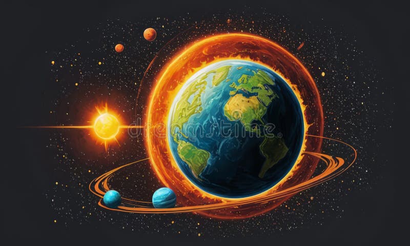 Digital Planet Earth Encircled by Ring Fire, with Sun and Two Blue ...