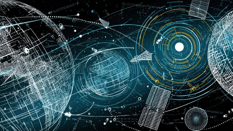 Digital Planet Featuring Orbiting Data Satellites and Wireframe ...