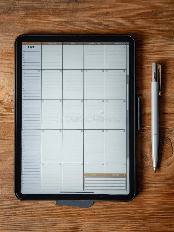 Digital Planner Displayed on Tablet with Stylus on a Wooden Table in a ...