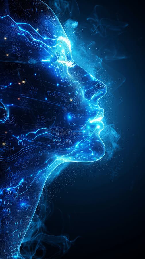 Futuristic Digital Human Face with Glowing Blue Circuitry and Data ...
