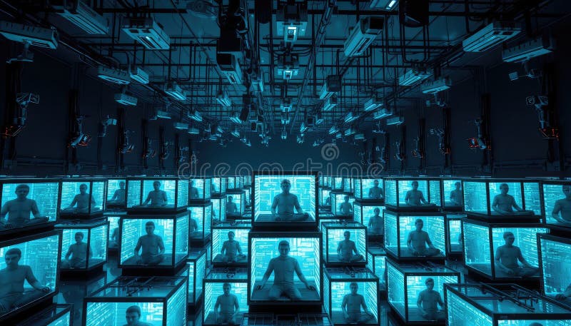 Digital Prison with Humans Trapped Inside Glowing Cubes, Surveillance ...