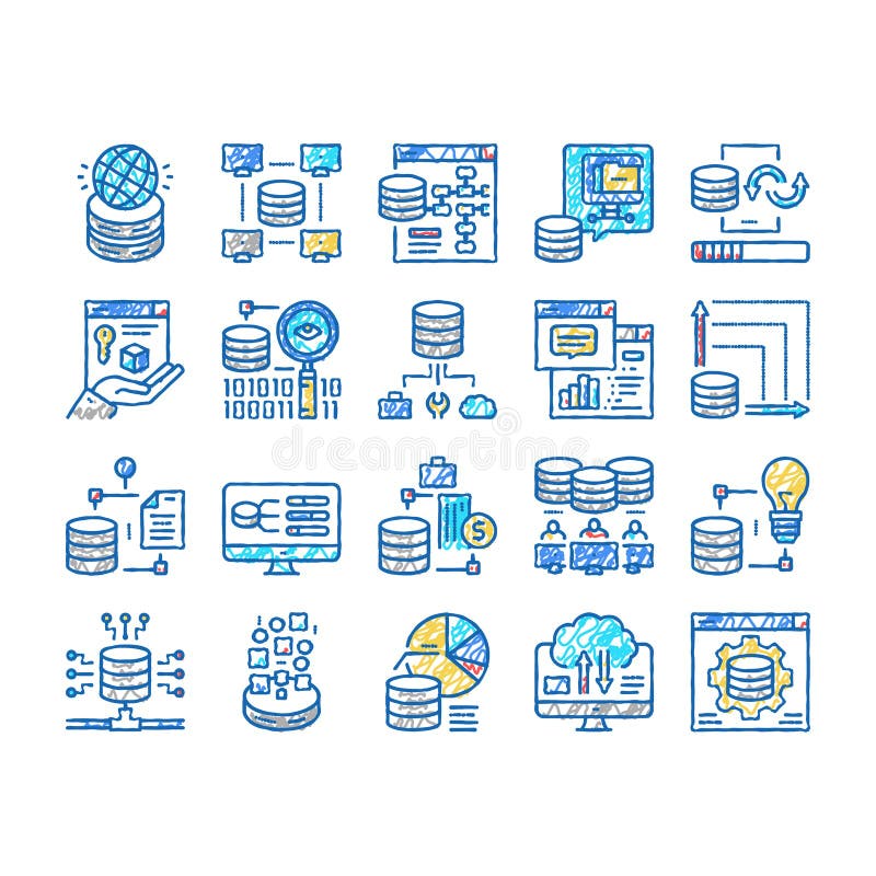 Digital Processing Set Icons Hand Drawn Illustration Stock Vector ...
