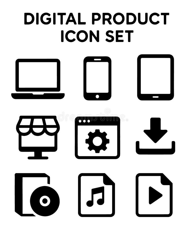 Digital Product Icon Set – Vector Black Technology and Media Icons ...