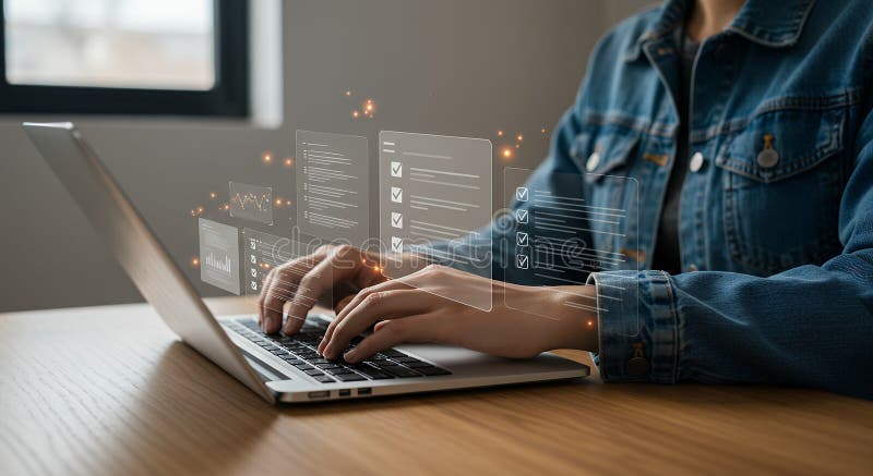 Digital Productivity: Person Typing on Laptop with Virtual Checklists ... Digital Productivity: Person Typing on Laptop with Virtual Checklists ...