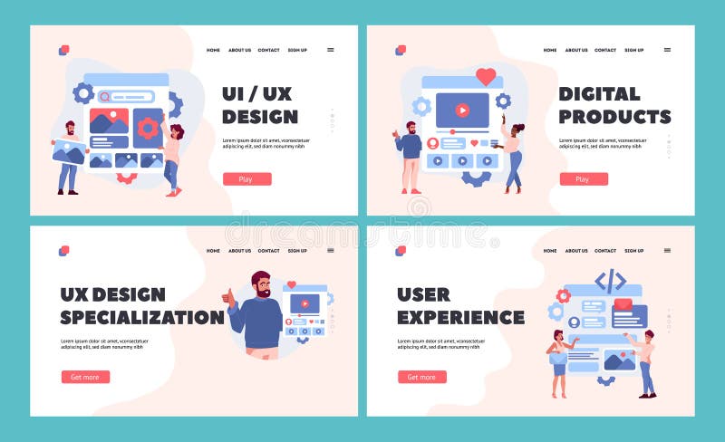 Digital Products Landing Page Template Set. Ui Ux Designer Characters Develop Website Interface ...