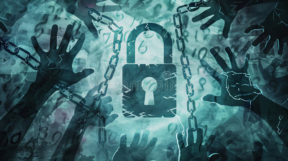A Digital Profile with a Lock Icon, Multiple Shadowy Hands Reaching Out ...