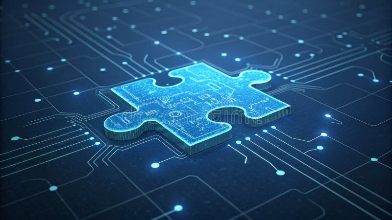 Digital Puzzle Circuit Board Perspective, Glowing Teal Piece, System ...