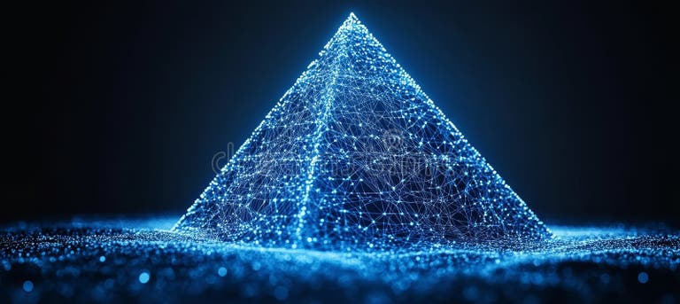 Digital Pyramid Structure Glowing on Blue Particles Background, Network ...