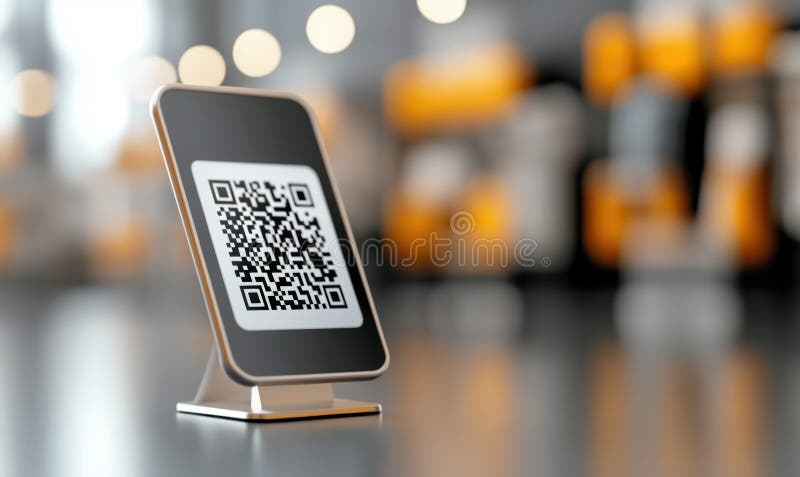 Digital QR Code Display on Counter in Modern Retail Store Stock ...