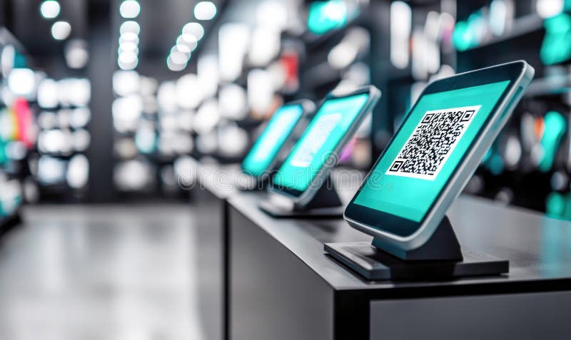 Digital QR Code Kiosks in High-Tech Retail Store Stock Illustration ...