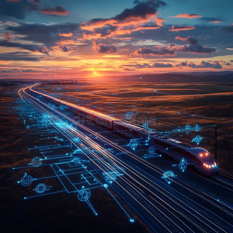 Digital Railway Infrastructure Schematic with Sunrise Prairie Landscape ...