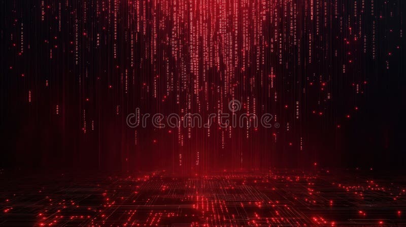 Digital Rain of Glowing Red Binary Code Falls Against Dark Backdrop. Tech Lines Form Futuristic ...