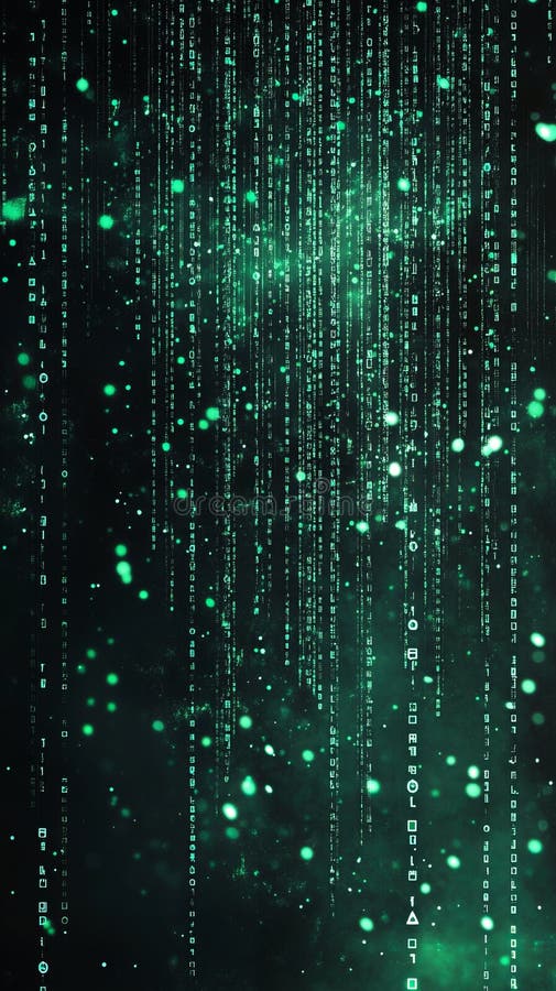 Digital Rain of Green Binary Code Cascading in a Dark Background with Glowing Particles Stock ...
