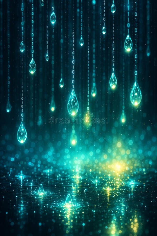 Digital Rain Made of Binary Code and Glowing Drops Stock Illustration ...